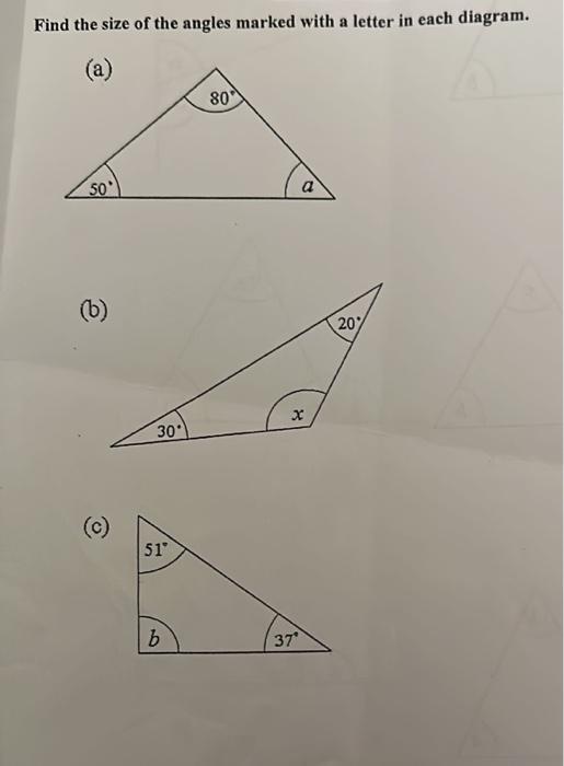 Solved Find the size of the angles marked with a letter in | Chegg.com