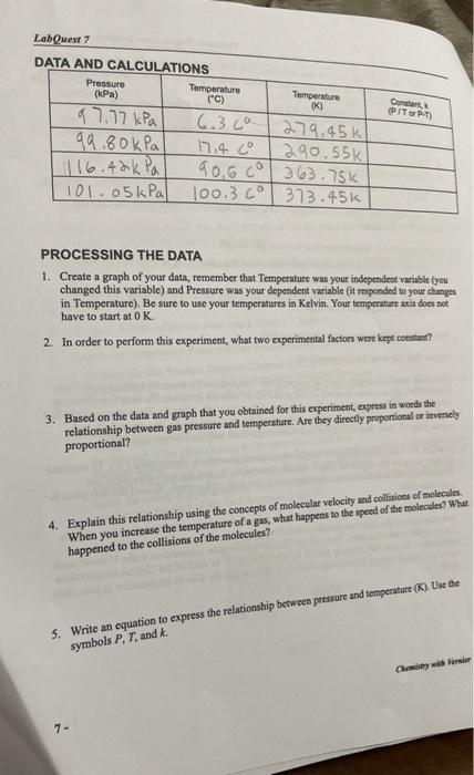 Solved LabQuest 7 DATA AND CALCULATIONS Pressure Temperature | Chegg.com