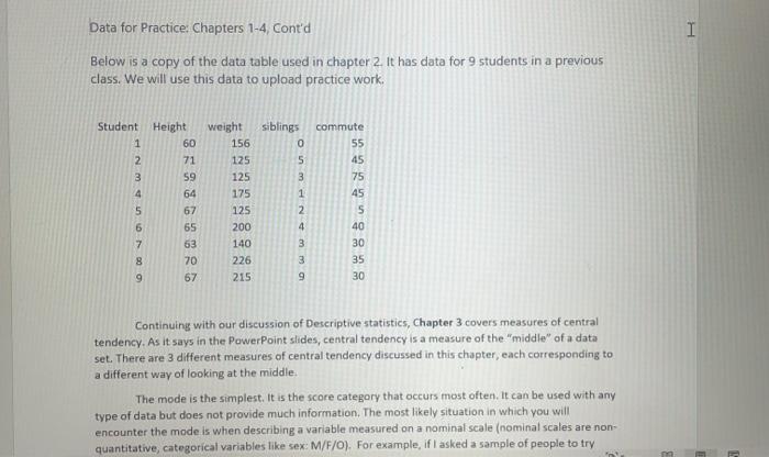 Data for Practice: Chapters 1-4, Cont'd Below is a | Chegg.com