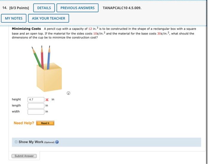 Solved Minimizing Costs A pencil cup with a capacity of 12 | Chegg.com