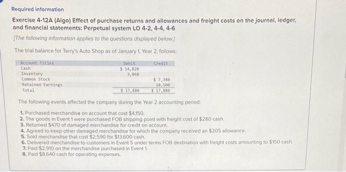Solved Required information Exercise 4-12A (Algo) Effect of | Chegg.com Solved Required information Exercise 4-12A (Algo) Effect of | Chegg.com
