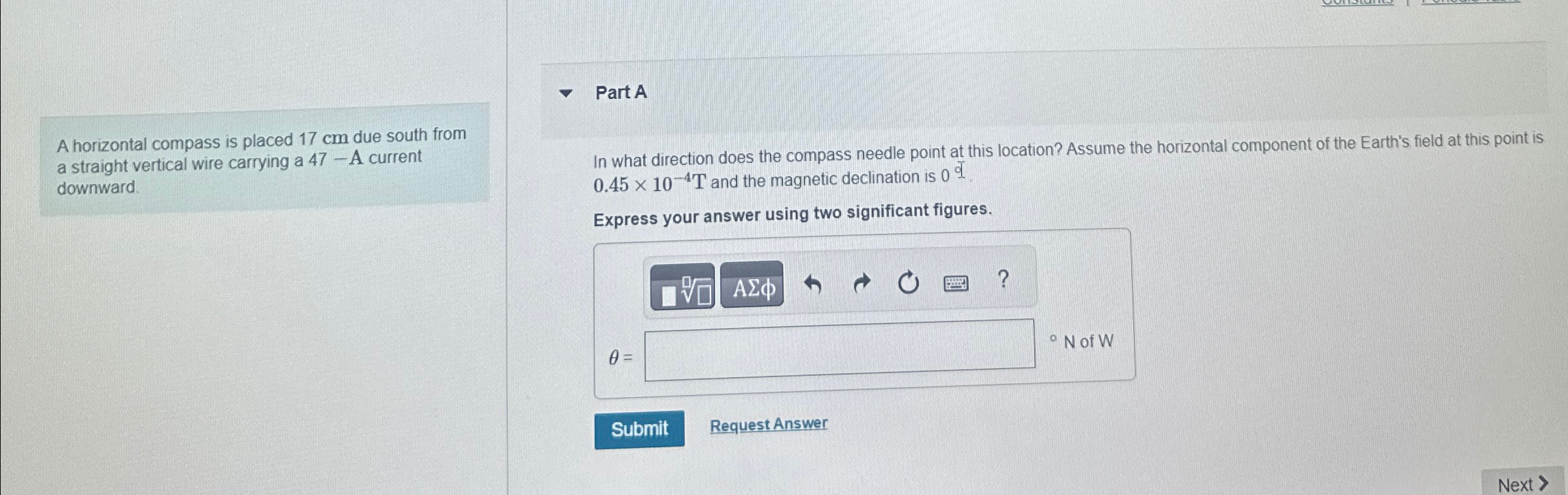 Solved A horizontal compass is placed 17cm ﻿due south from a | Chegg.com