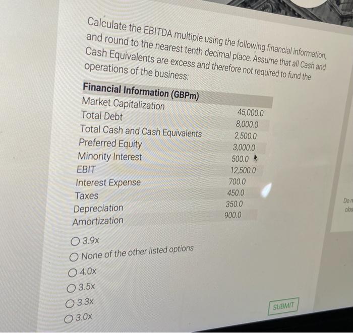 Solved Calculate the EBITDA multiple using the following | Chegg.com