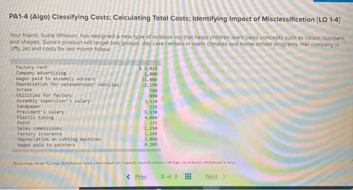 Solved PA1-4 (Algo) Classifying Costs: Calculating Total | Chegg.com