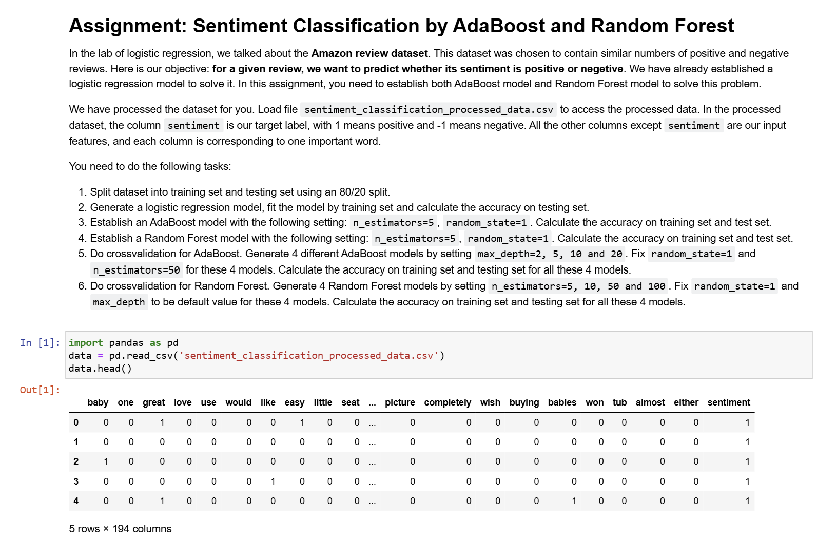 Solved Assignment: Sentiment Classification by AdaBoost and | Chegg.com
