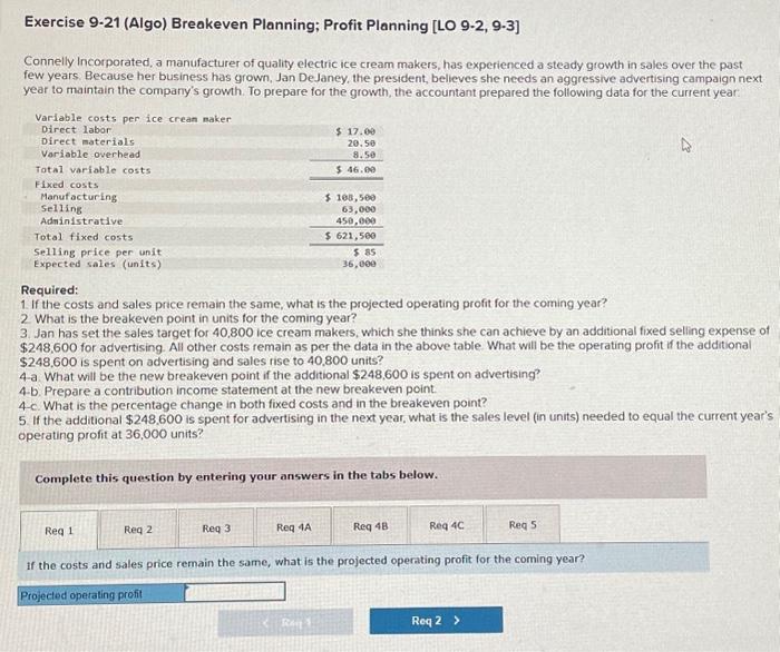 Solved Exercise 9-21 (Algo) Breakeven Planning; Profit | Chegg.com