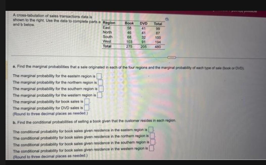 Solved A cross-tabulation of sales transactions data is | Chegg.com