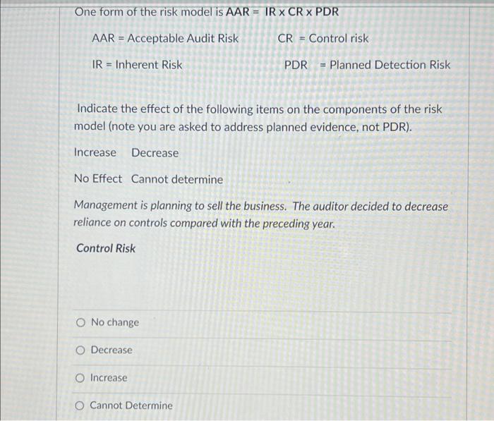 One form of the risk model is AAR = IR X CRX PDR AAR | Chegg.com
