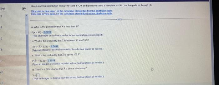 Solved a. What is the probabliny that Xˉ is less than 91 ? | Chegg.com