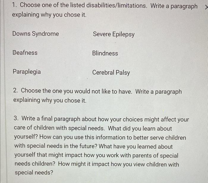 Solved 1. Choose one of the listed disabilities/limitations. | Chegg.com