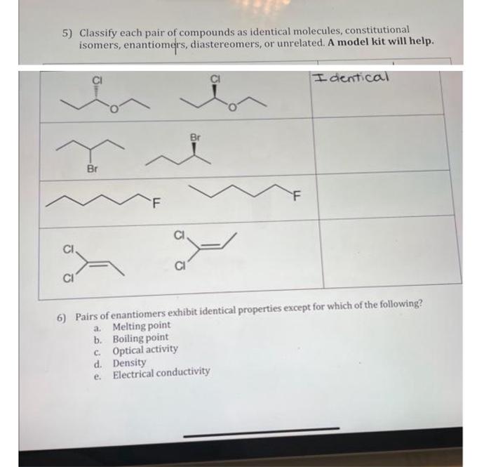 Solved 5) Classify each pair of compounds as identical | Chegg.com