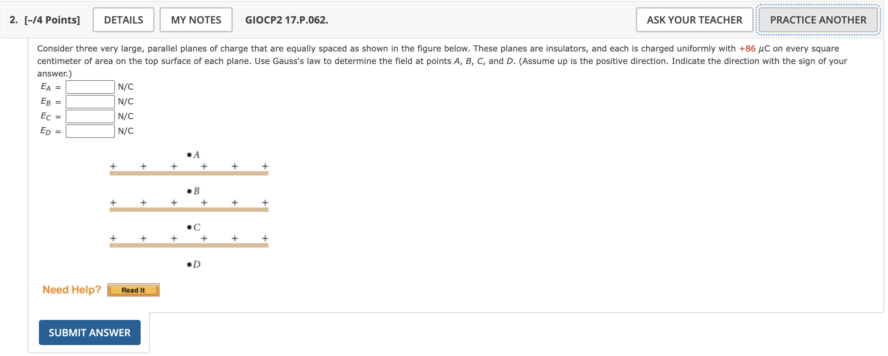Consider three very large, parallel planes of ﻿charge | Chegg.com