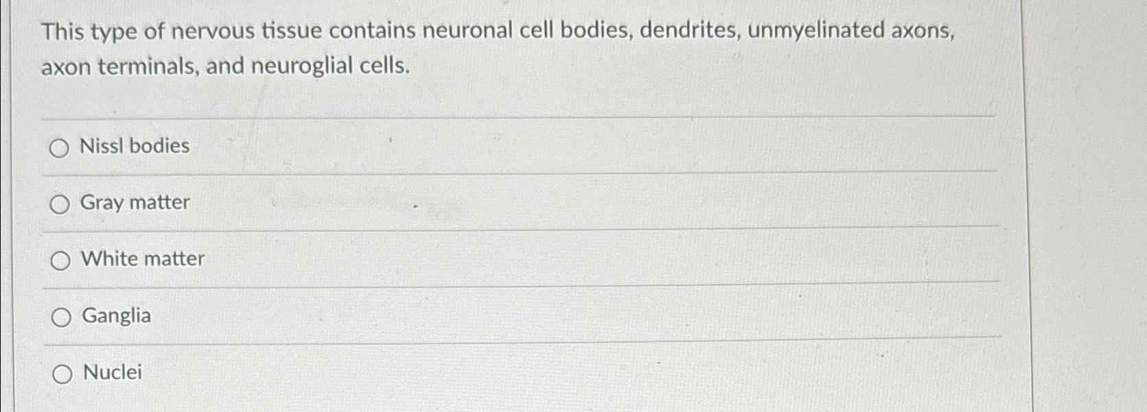 Solved This type of nervous tissue contains neuronal cell | Chegg.com