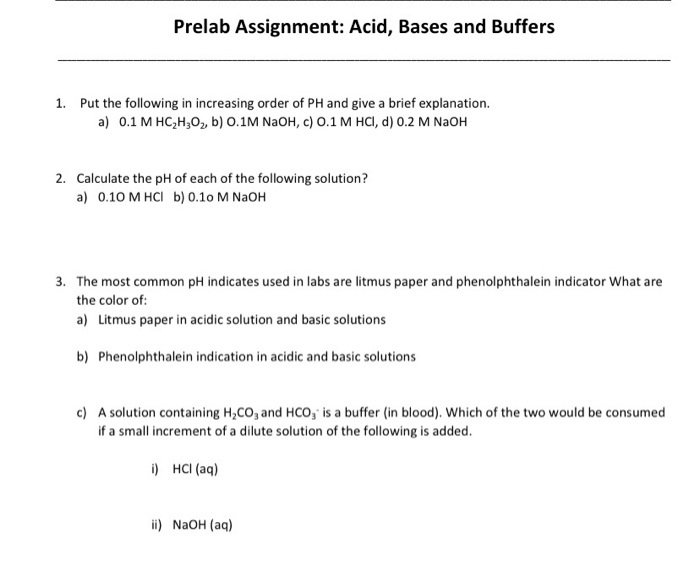 Solved Prelab Assignment: Acid, Bases and Buffers 1. Put the | Chegg.com