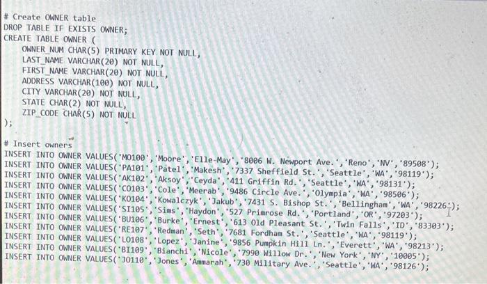Solved 1. List the owner number, last name, and first name | Chegg.com