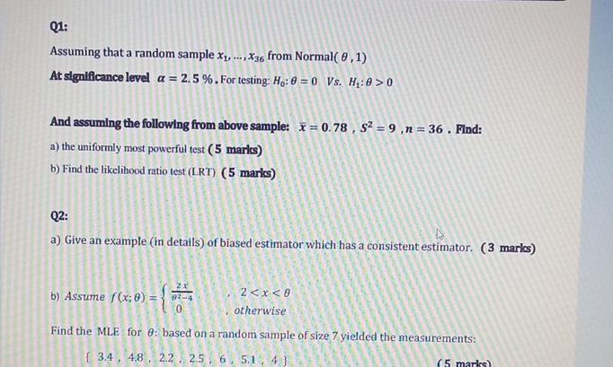 Solved Q1:Assuming that a random sample x1,dots,x36 ﻿from | Chegg.com