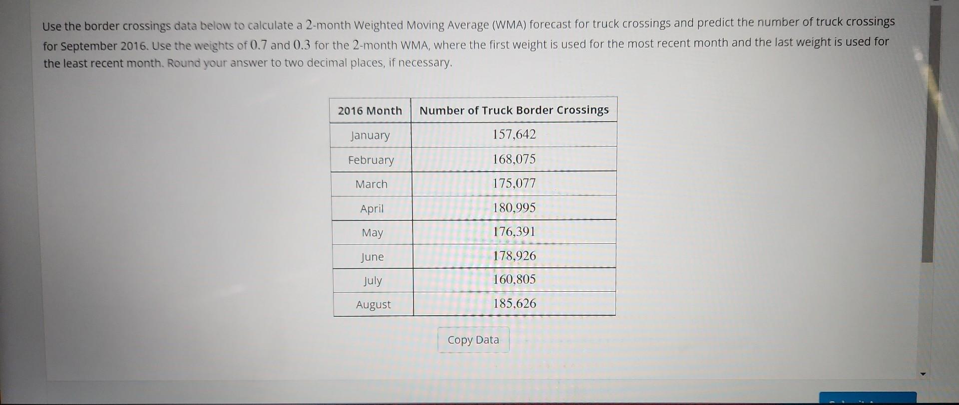 Solved Use the border crossings data below to calculate a | Chegg.com