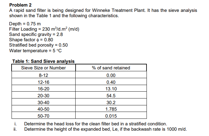 Solved Problem 2A rapid sand filter is ﻿being designed for | Chegg.com