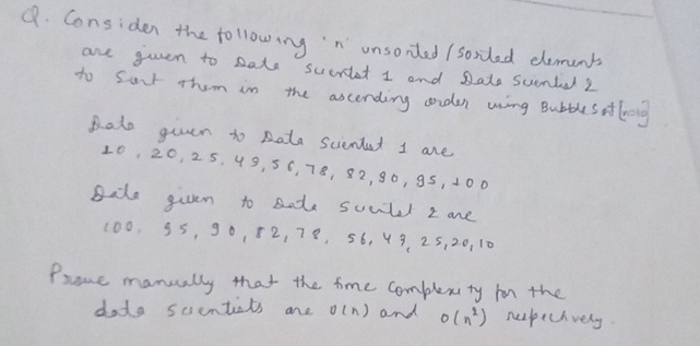 Solved Q. ﻿Consider the following ' n ' ﻿unsorted/sorted | Chegg.com