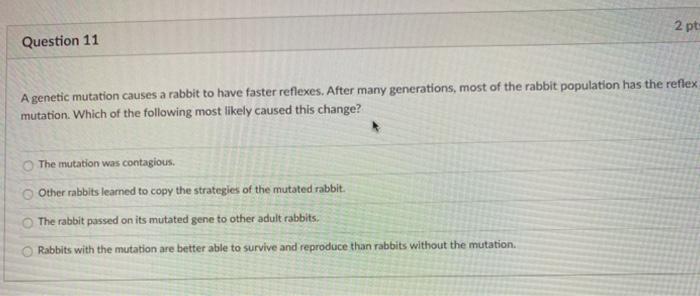 Solved 2 pt Question 11 A genetic mutation causes a rabbit | Chegg.com