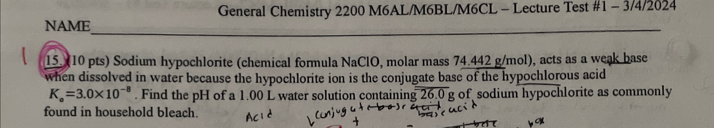 Solved Sodium hypochlorite (chemical formula NaClO, molar | Chegg.com