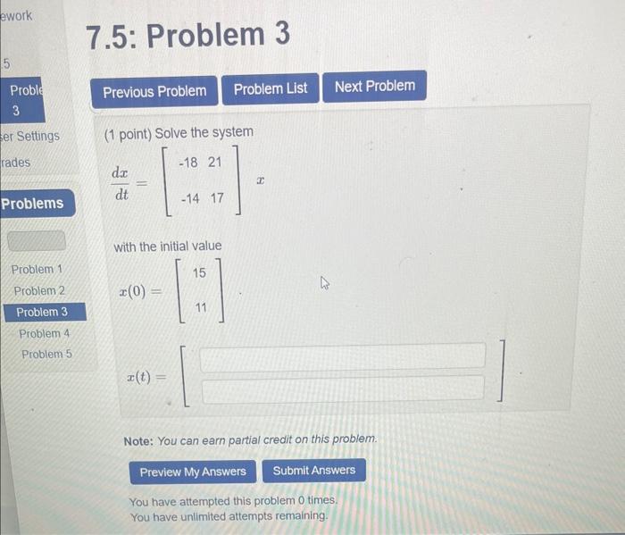 Solved (1 point) Solve the system | Chegg.com