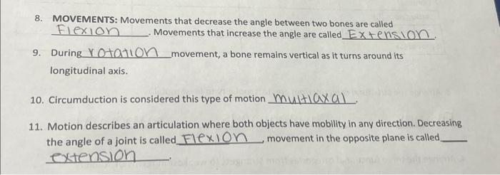 Solved 8. MOVEMENTS: Movements that decrease the angle | Chegg.com