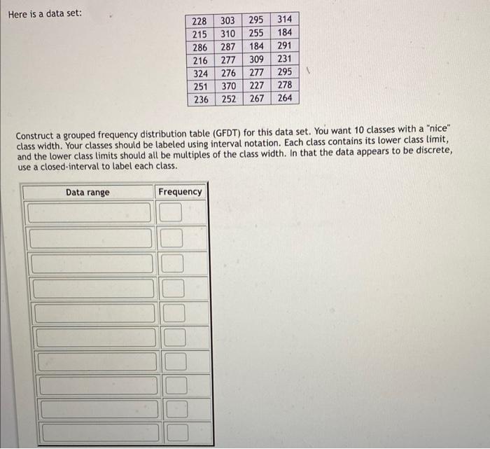 Solved Here is a data set: Construct a grouped frequency | Chegg.com