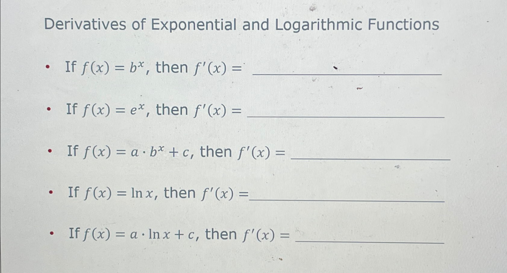 Solved Derivatives of Exponential and Logarithmic | Chegg.com
