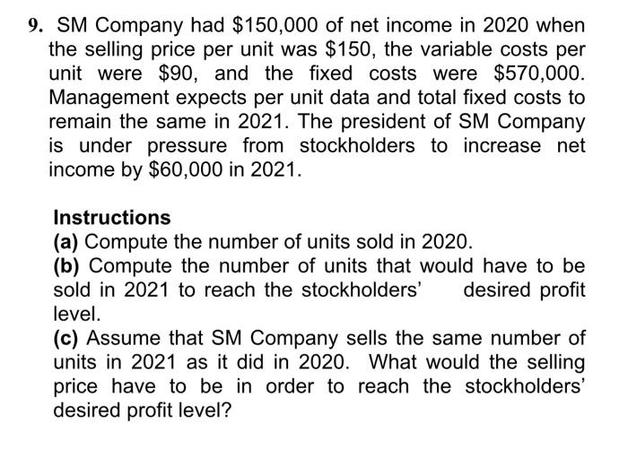Solved 9. SM Company had $150,000 of net income in 2020 when | Chegg.com