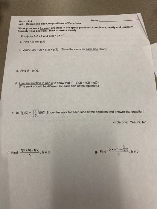 Solved Math 1314 Name Lab: Operations and Compositions of | Chegg.com