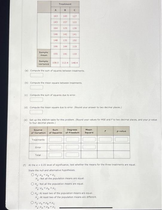 Solved (a) Compute the sum of squares between treatments (b) | Chegg.com