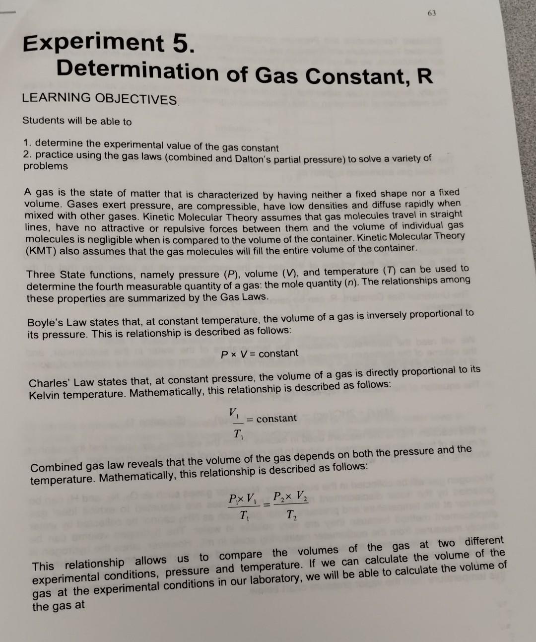 Solved Experiment 5. Determination of Gas Constant, | Chegg.com