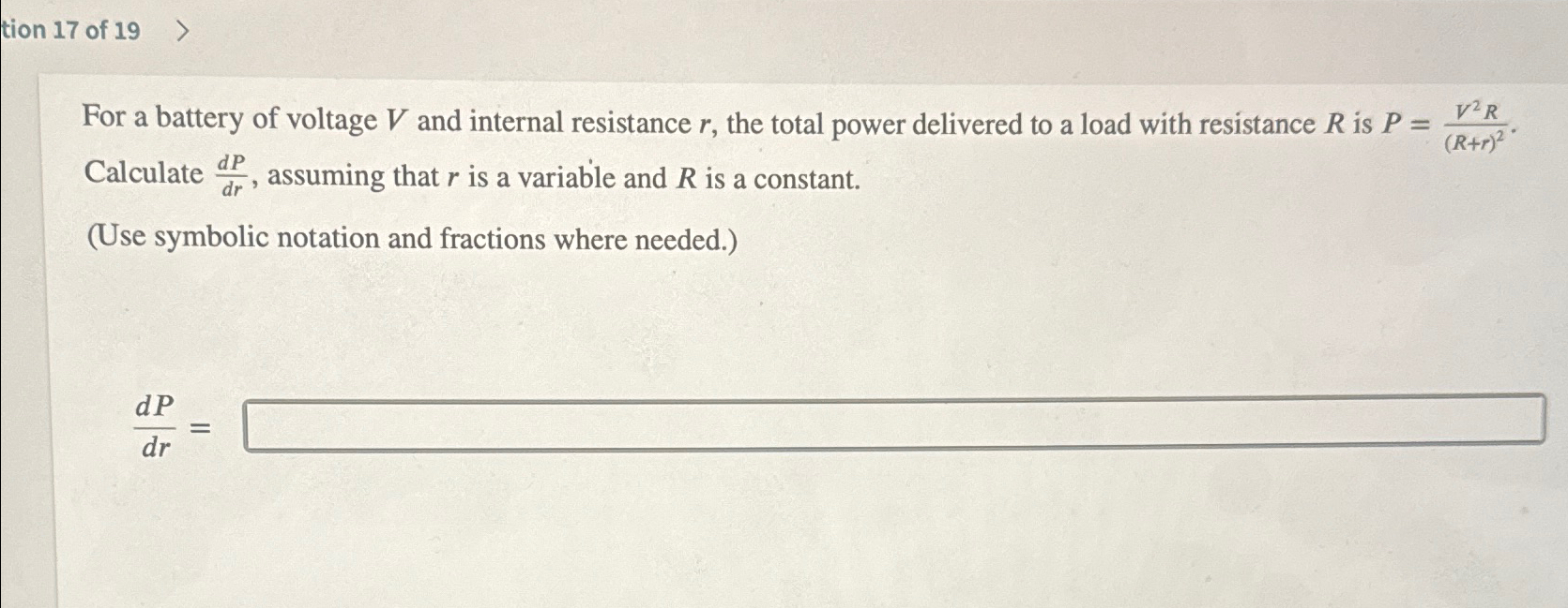 Solved tion 17 ﻿of 19For a battery of voltage V ﻿and | Chegg.com
