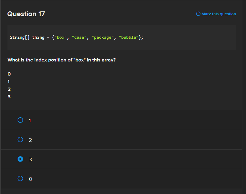 Solved Question 17String[] ﻿thing = {"box", ﻿"case", | Chegg.com