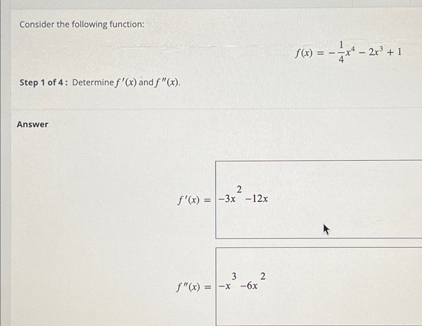 Solved Consider the following function:f(x)=-14x4-2x3+1Step | Chegg.com