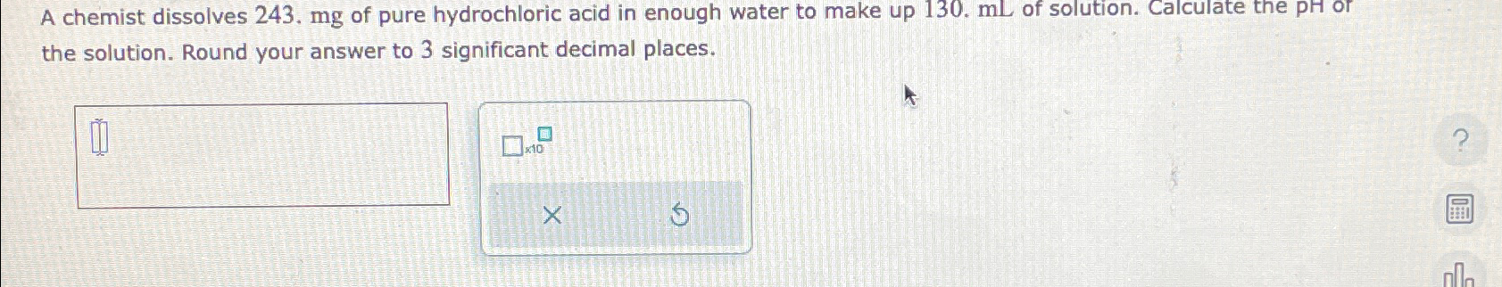 Solved A chemist dissolves 243.mg ﻿of pure hydrochloric acid | Chegg.com