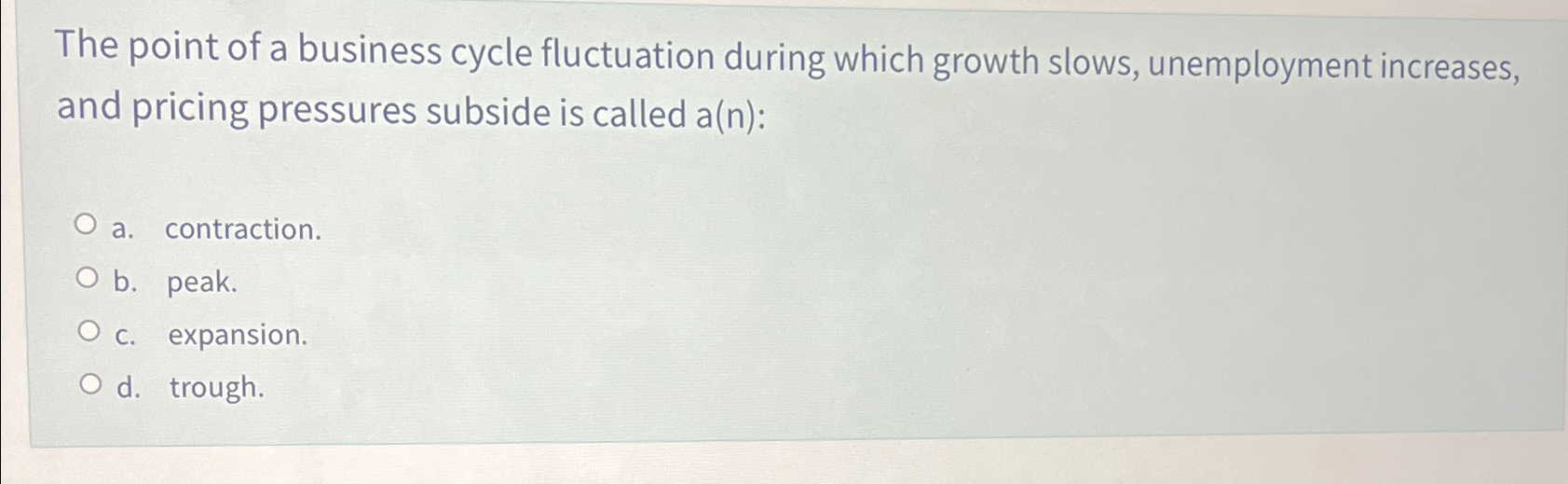 Solved The point of a business cycle fluctuation during | Chegg.com