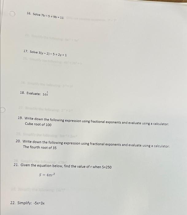 Solved 16. Solve 7b-5 = 9b + 11 24. Simplify the following: | Chegg.com