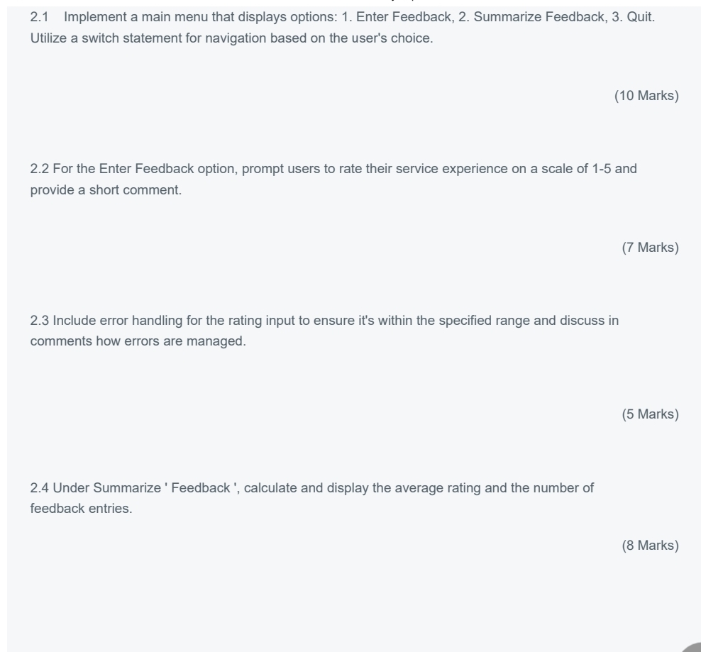 Solved 2.1 ﻿Implement a main menu that displays options: 1. | Chegg.com