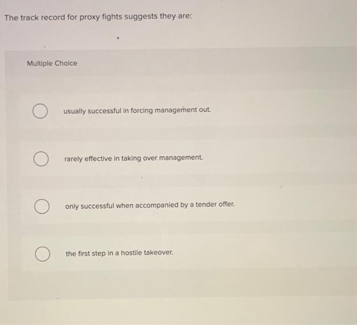 Solved The track record for proxy fights suggests they are: | Chegg.com