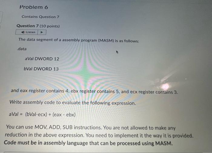 Solved The Data Segment Of A Assembly Program Masm Is As 