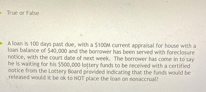 Solved True or False A loan is 100 days past due, with a | Chegg.com