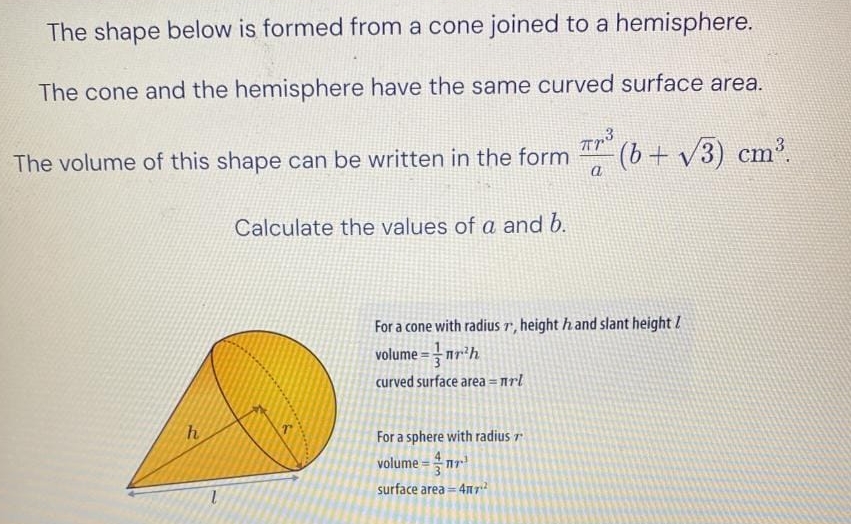 Solved The shape below is formed from a cone joined to a | Chegg.com