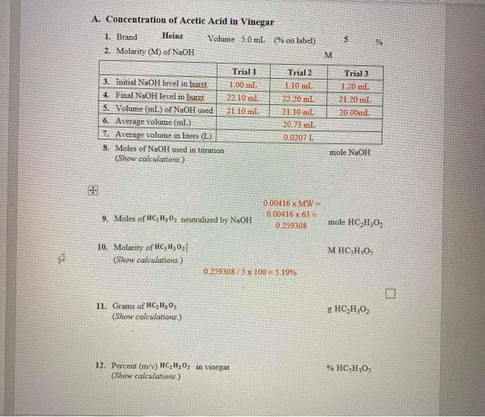 Solved 5 % M A. Concentration of Acetic Acid in Vinegar 1. | Chegg.com