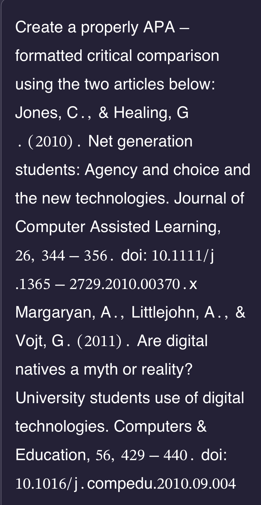 Create a properly APA formatted critical comparison | Chegg.com