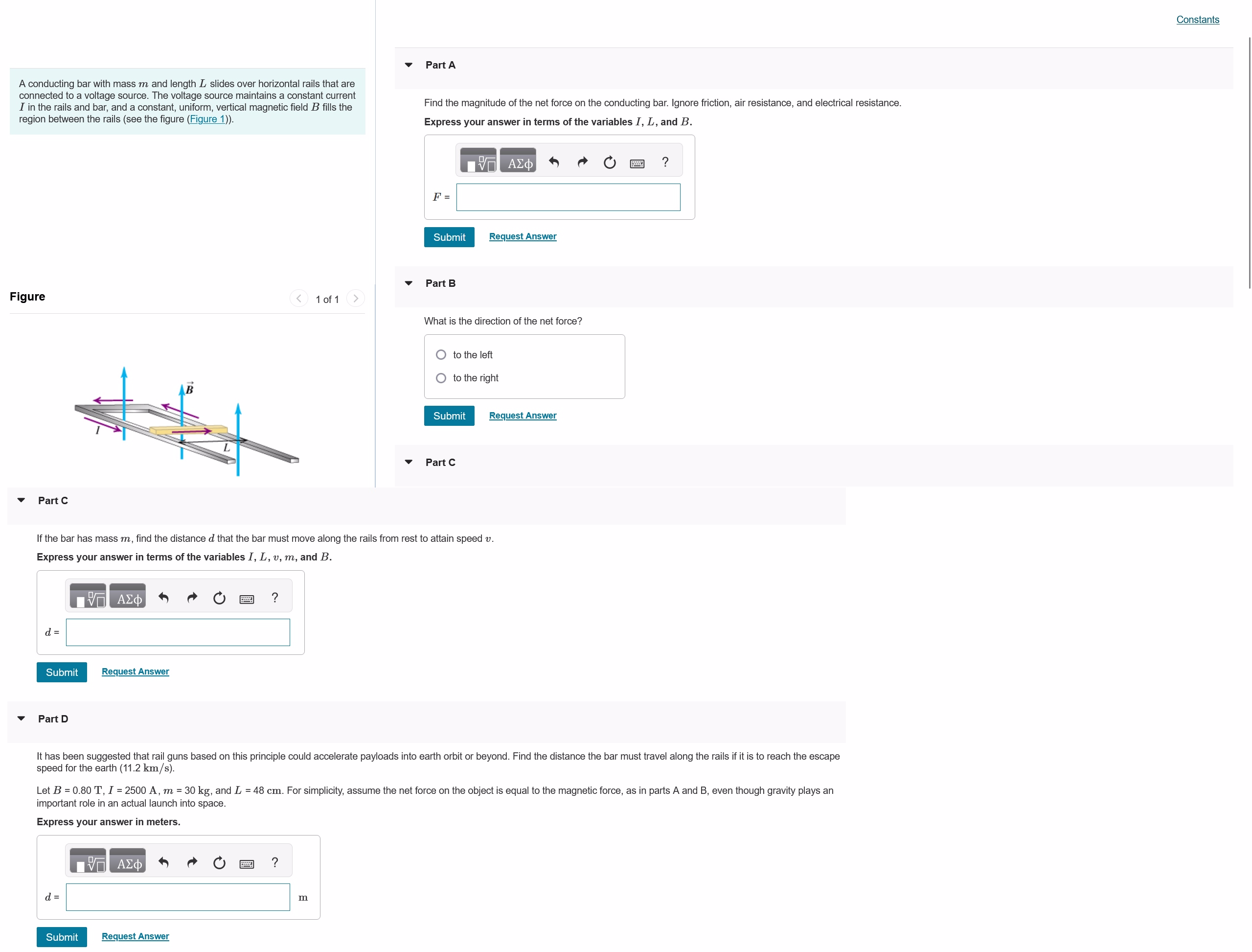 Solved A conducting bar with mass m ﻿and length L ﻿slides | Chegg.com