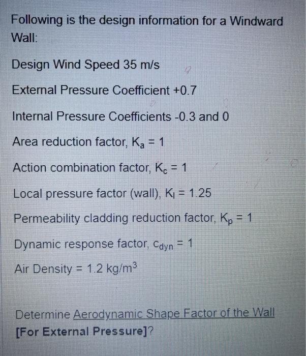 Solved Following is the design information for a Windward | Chegg.com
