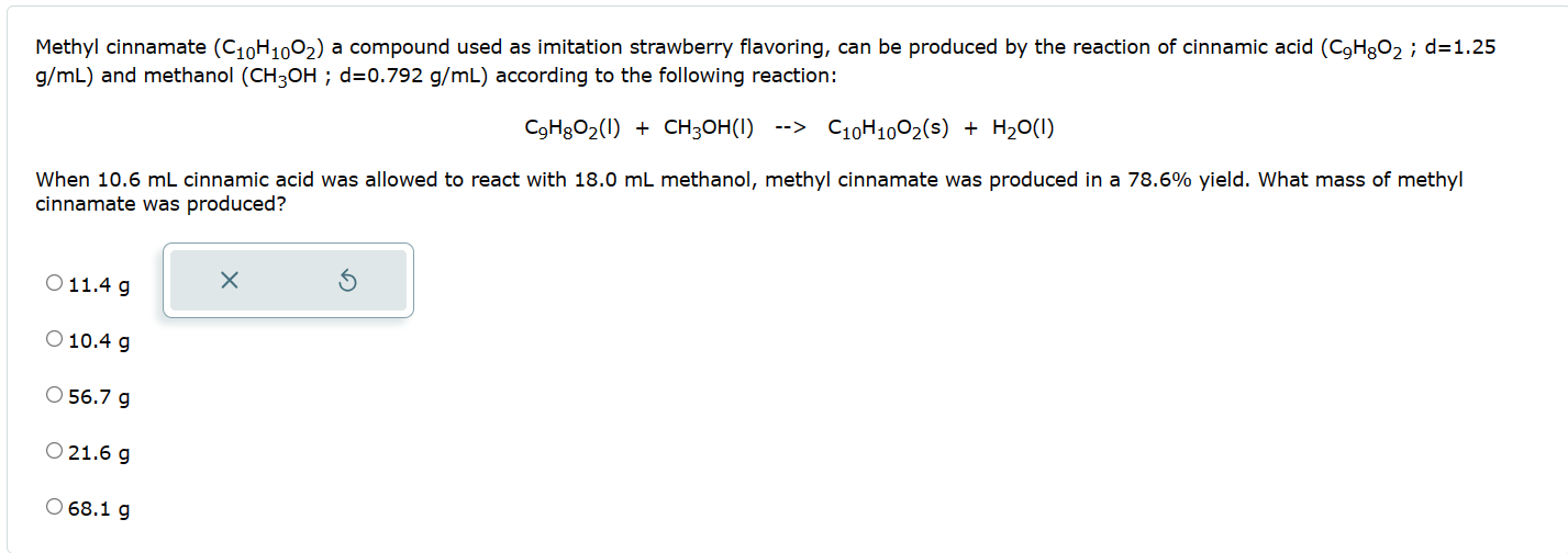 Solved Methyl cinnamate (C10H10O2), ﻿a compound used as | Chegg.com
