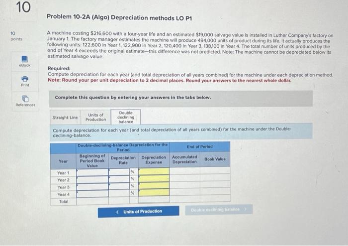 Solved Problem 10-2A (Algo) Depreciation methods LO P1 A | Chegg.com